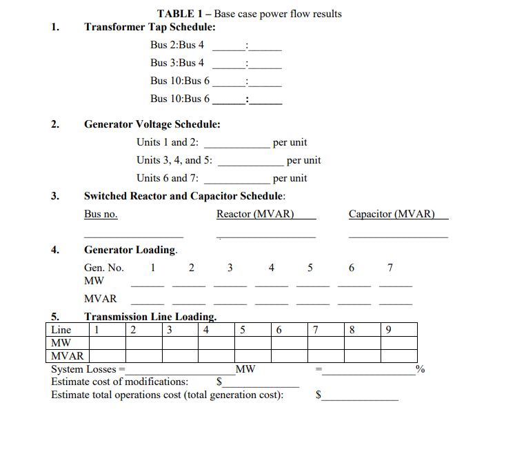 TABLE 1 - ﻿Base case power flow results 1. | Chegg.com