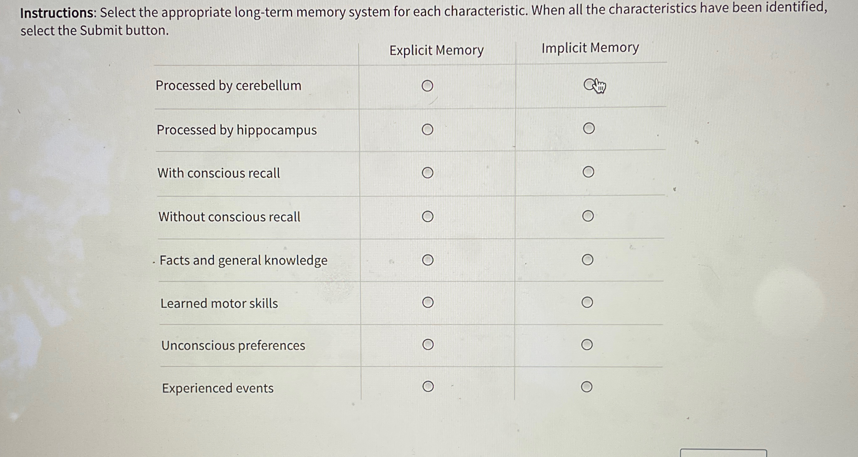 Solved Instructions: Select the appropriate long-term memory | Chegg.com