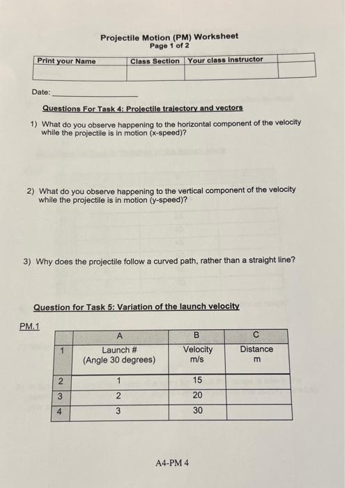 Solved Projectile Motion (PM) Worksheet Page 1 of 2 Date: | Chegg.com