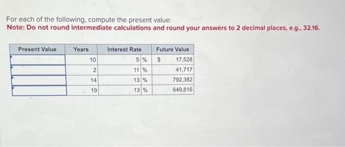 Solved For each of the following, compute the present value: | Chegg.com