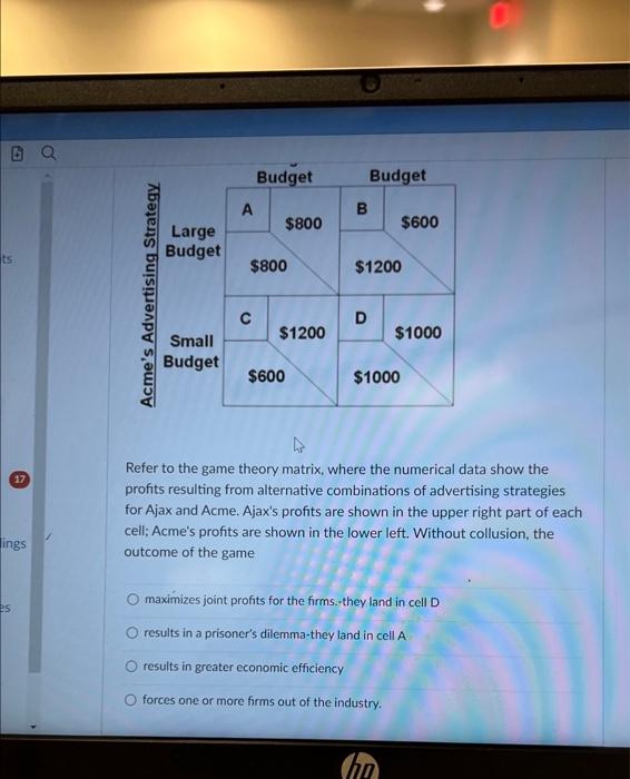 Solved Refer to the game theory matrix, where the numerical | Chegg.com
