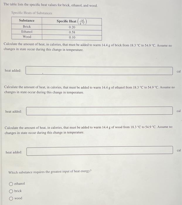Solved The table lists the specific heat values for brick, | Chegg.com
