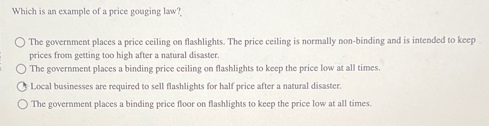 Solved Which is an example of a price gouging law?The | Chegg.com