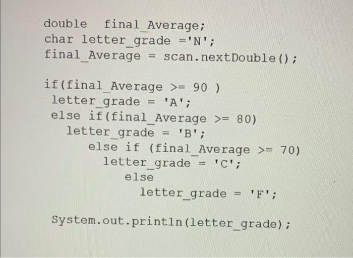 Solved double final_Average; char letter_grade =′′′; | Chegg.com