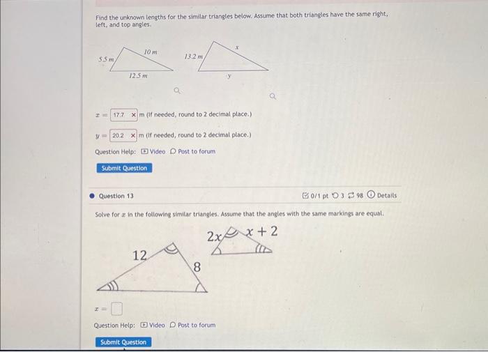 Solved Find the unknown lengths for the similar triangles | Chegg.com