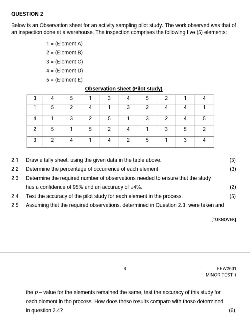 Solved QUESTION 2 Below is an Observation sheet for an | Chegg.com