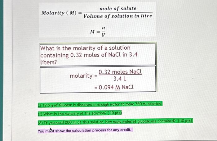Solved Molarity (M)= Volume of solution in litre mole of | Chegg.com