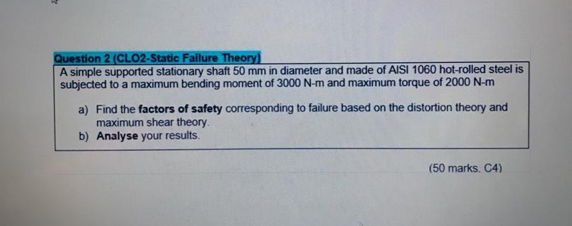Solved Question 2 (CLO2-Static Failure Theory) A simple | Chegg.com