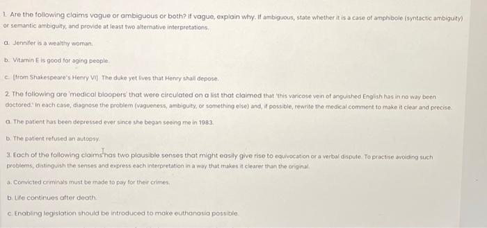 Solved 1. Are the following claims vague or ambiguous or | Chegg.com