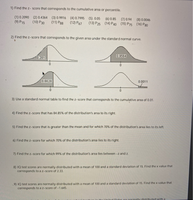 Solved 1) Find the z. score that corresponds to the | Chegg.com