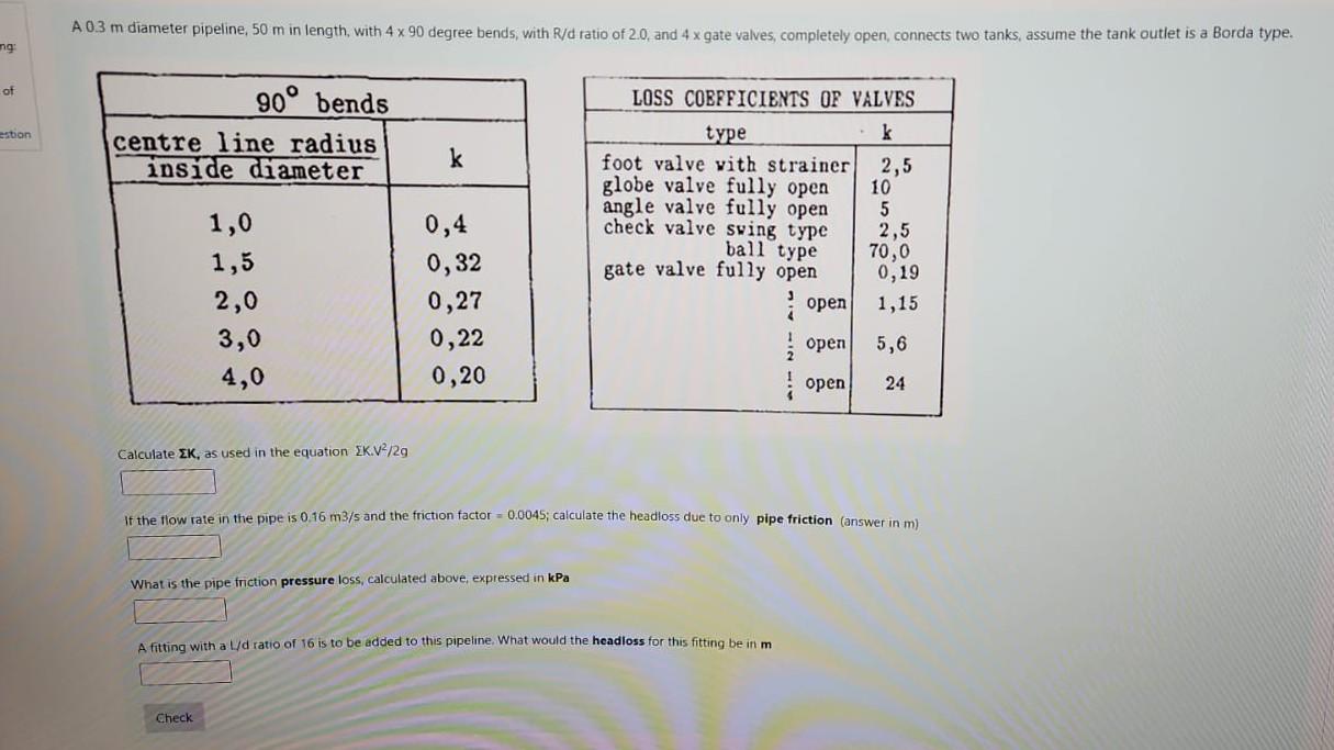 Solved Calculate ΣK, as used in the equation ΣK.V2/2g If the | Chegg.com