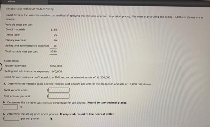 Solved Variabie Cost Method of Product Pricing Smart Stream | Chegg.com