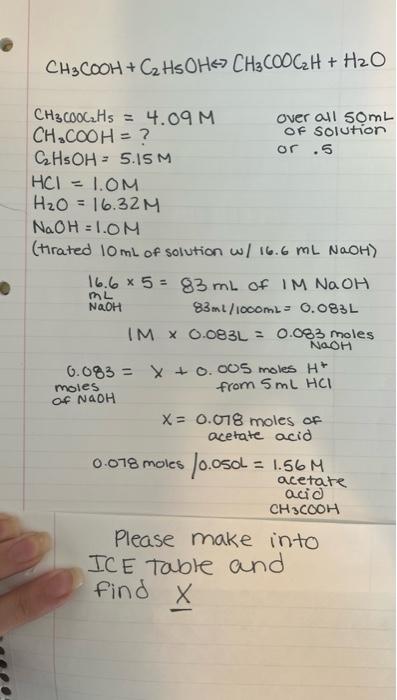 Solved CH3COOH + C2 HsOH CH3COOC2H + H2O CH3COOC2Hs = 4.09 M | Chegg.com