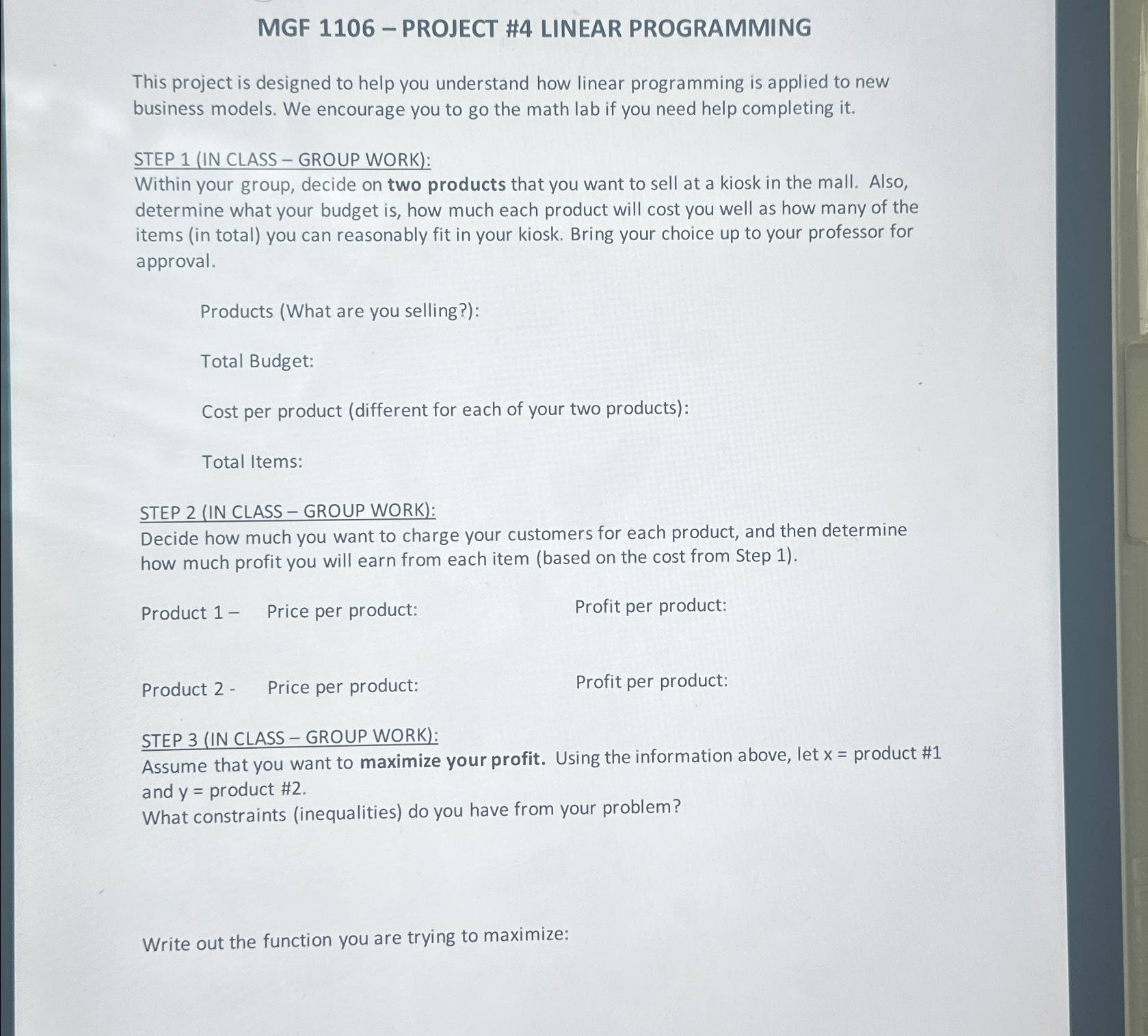 Solved MGF 1106 - ﻿PROJECT #4 ﻿LINEAR PROGRAMMINGThis | Chegg.com