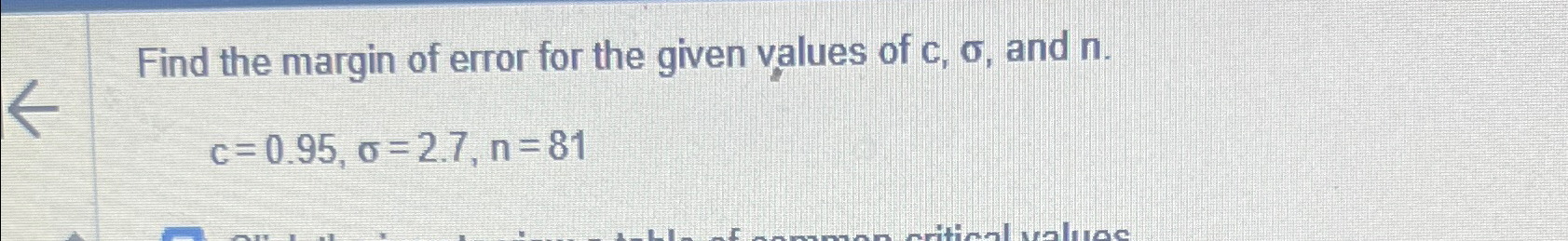 Solved Find the margin of error for the given values of c,σ, | Chegg.com