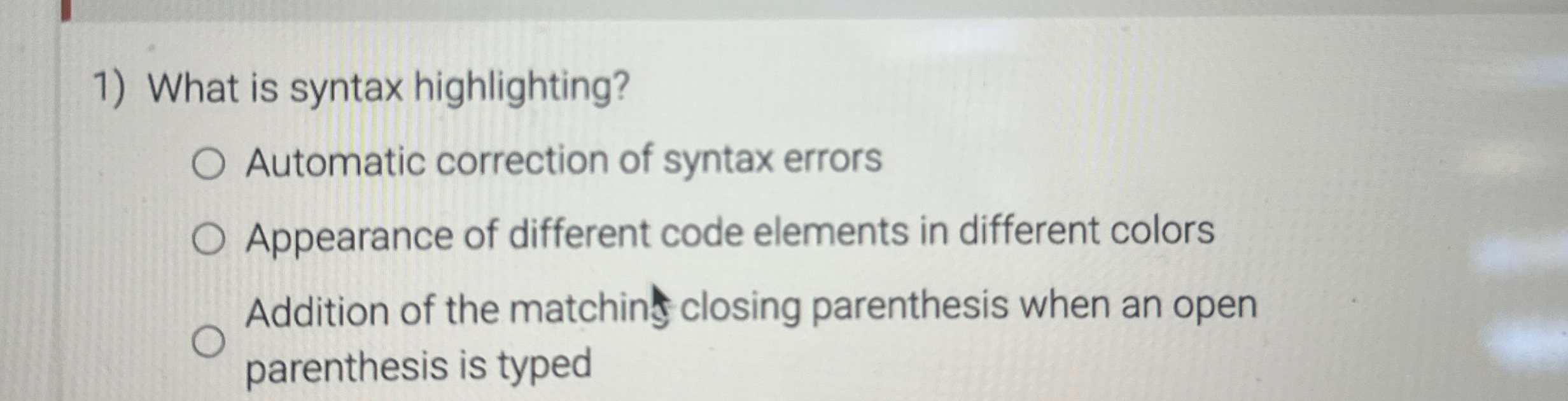 Solved What is syntax highlighting?Automatic correction of | Chegg.com