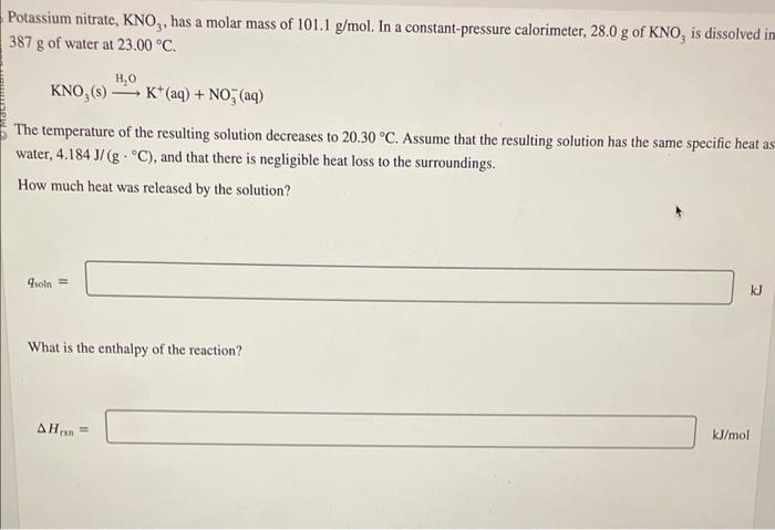 Solved Potassium nitrate, KNO3, has a molar mass of 101.1 | Chegg.com