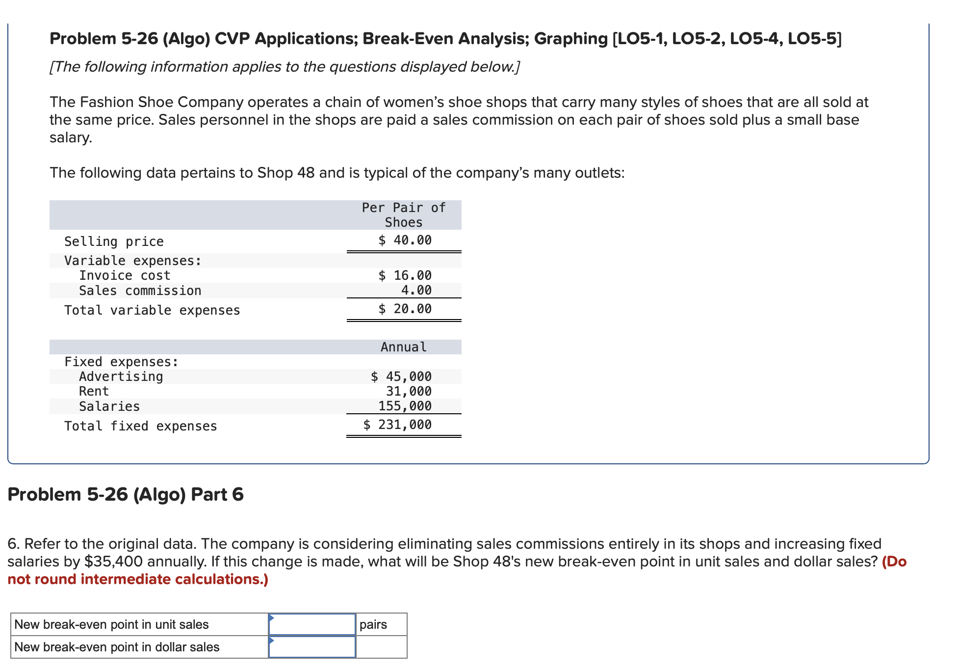 Solved Problem 5-26 (Algo) ﻿CVP Applications; Break-Even | Chegg.com