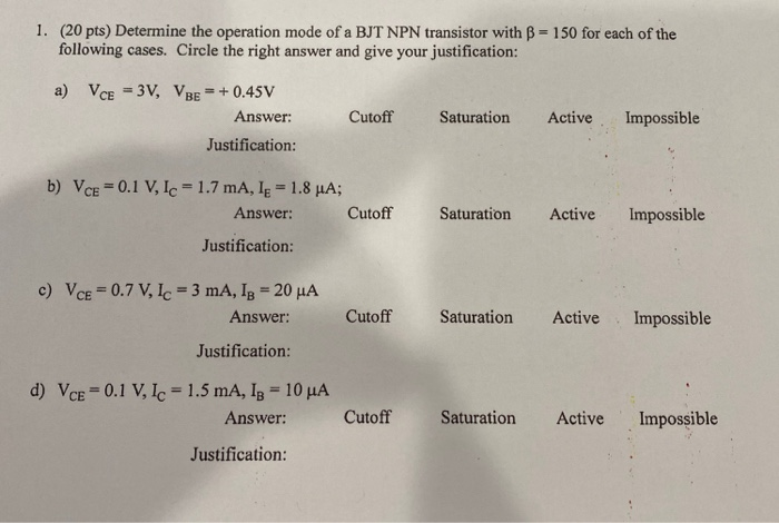 Solved 1. (20 pts) Determine the operation mode of a BJT NPN | Chegg.com