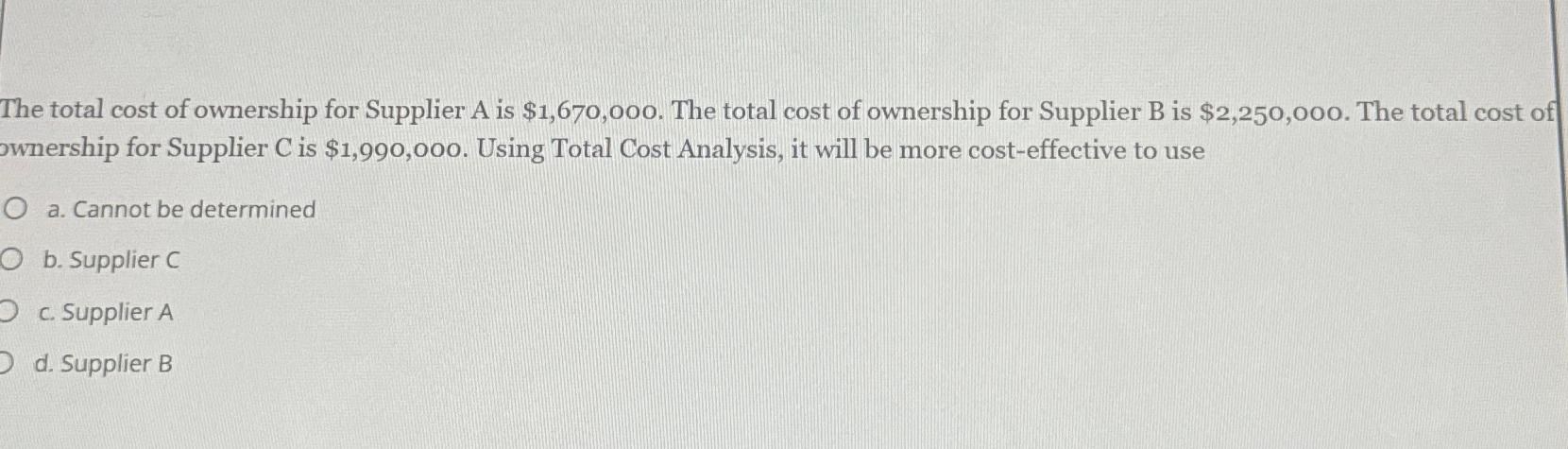 Solved The total cost of ownership for Supplier A is | Chegg.com