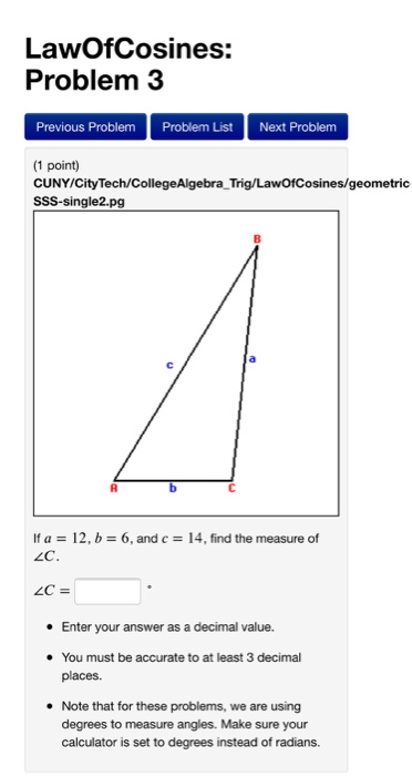 Solved LawOfCosines: Problem 3 Previous Problem Problem List | Chegg.com