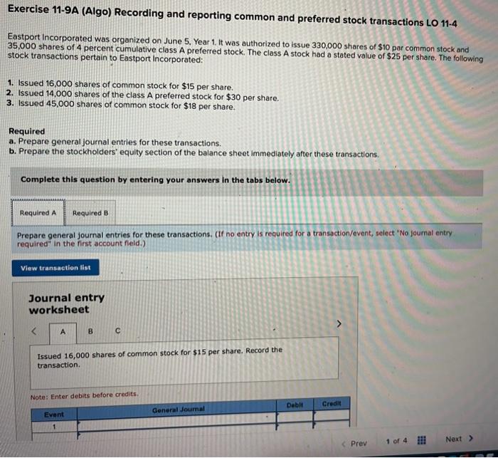 Solved Exercise 11-9A (Algo) Recording and reporting common | Chegg.com