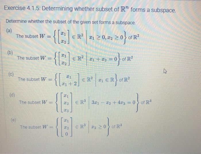 Solved Exercise 4.1.5: Determining whether subset of R” | Chegg.com