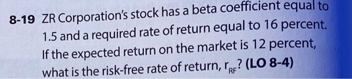 Solved 8-19 ZR Corporation's stock has a beta coefficient | Chegg.com