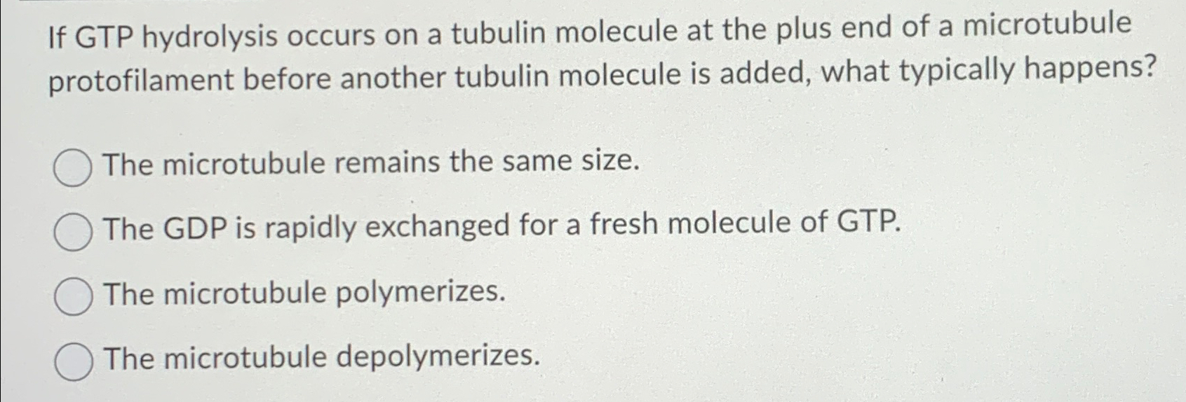 Solved If GTP hydrolysis occurs on a tubulin molecule at the | Chegg.com