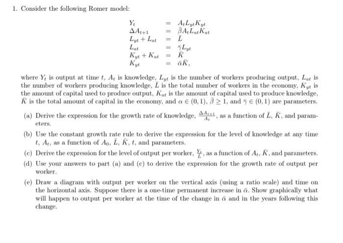 Solved 1. Consider the following Romer model: Y AAC+1 Lyt + | Chegg.com