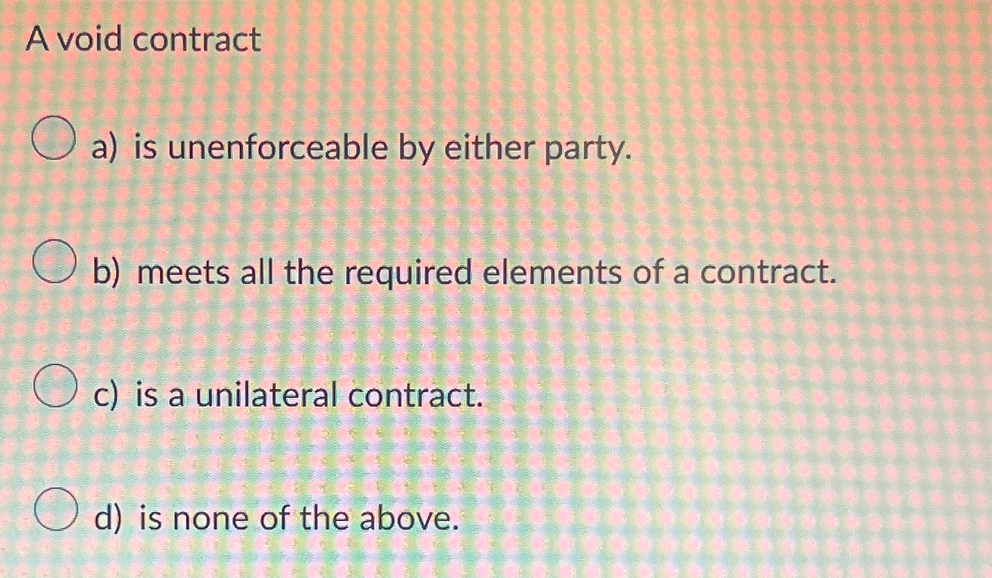 Solved A void contracta) ﻿is unenforceable by either | Chegg.com