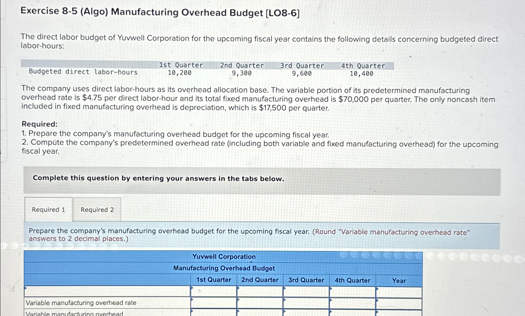 Solved Exercise 8-5 (Algo) ﻿Manufacturing Overhead Budget | Chegg.com