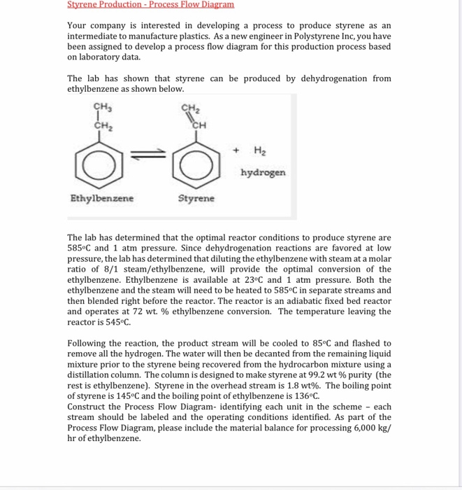 Styrene Production - Process Flow Diagram Your | Chegg.com