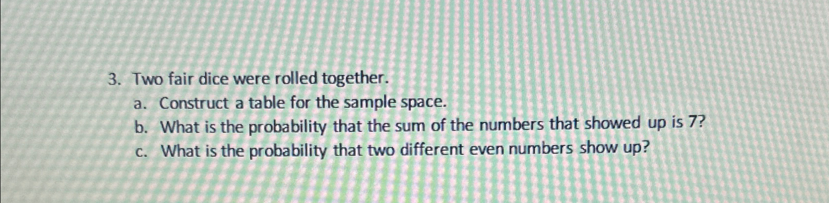Solved Two fair dice were rolled together.a. ﻿Construct a | Chegg.com