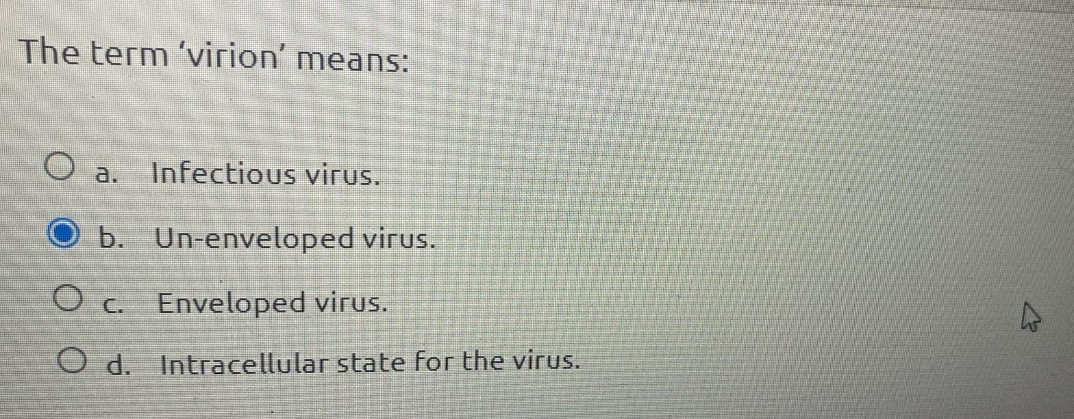 Solved The term 'virion' means:a. ﻿Infectious virus.b. | Chegg.com