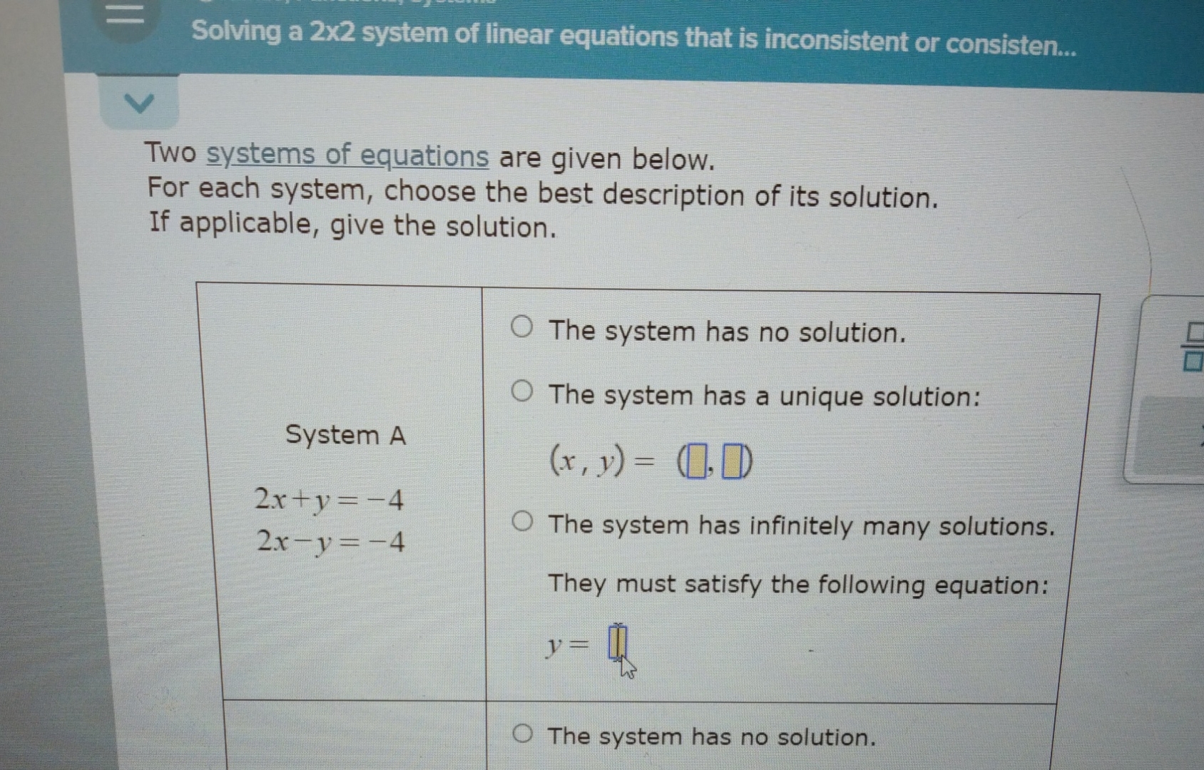 Solved Solving a 2×2 ﻿system of linear equations that is | Chegg.com