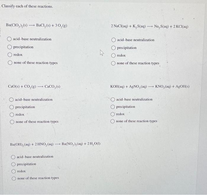 Solved Classify each of these reactions. Ba(ClO3)2( | Chegg.com