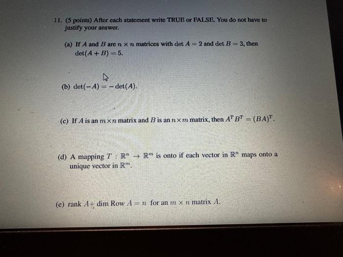 Solved 11. (5 points) After each statement write TRUE or | Chegg.com