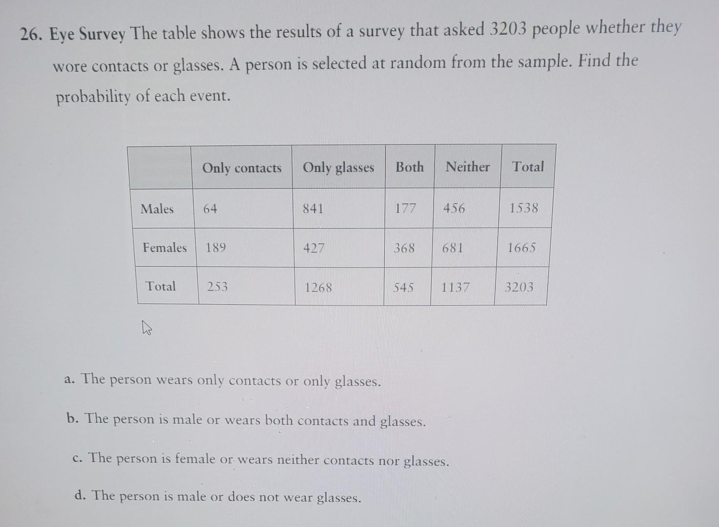 Solved 26. Eye Survey The table shows the results of a | Chegg.com