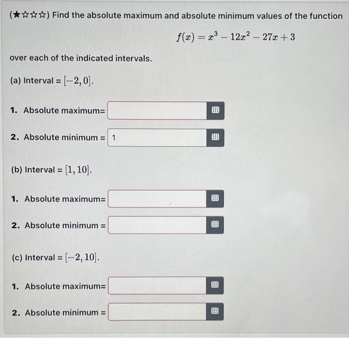Solved Find the absolute maximum and absolute minimum values | Chegg.com
