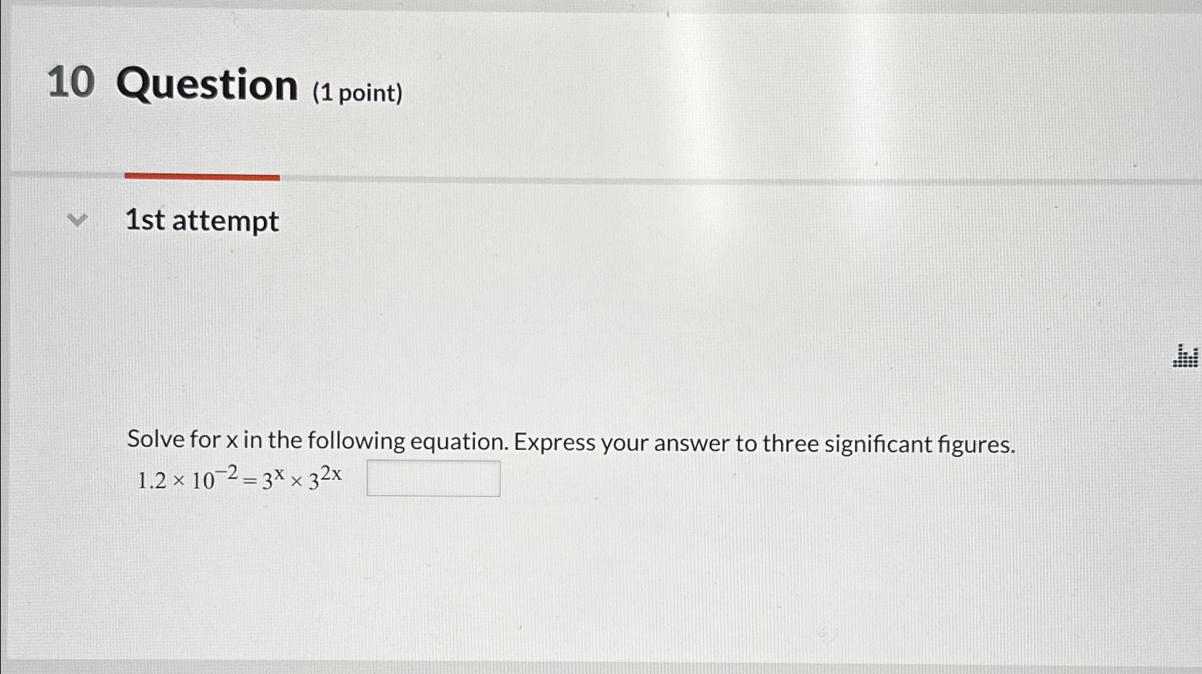 Solved 10 Question (1 point)1st attemptSolve for x in the | Chegg.com Solved 10 Question (1 point)1st attemptSolve for x in the | Chegg.com