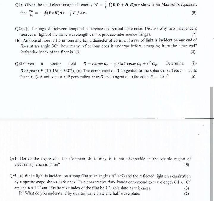 Solved Q1: Given the total electromagnetic energy | Chegg.com