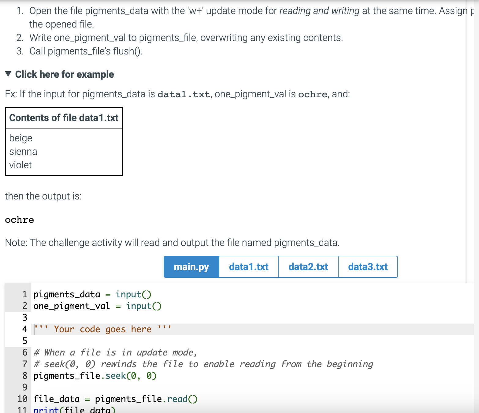 Solved Open the file pigments_data with the ' w+ ' ﻿update | Chegg.com