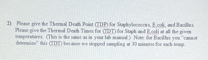 Solved 2) Please give the Thermal Death Point (TDP) for | Chegg.com