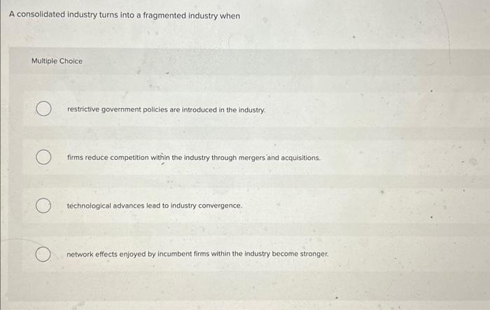 Solved A consolidated industry turns into a fragmented | Chegg.com