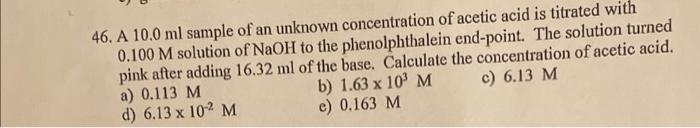 Solved 46. A 10.0ml sample of an unknown concentration of | Chegg.com