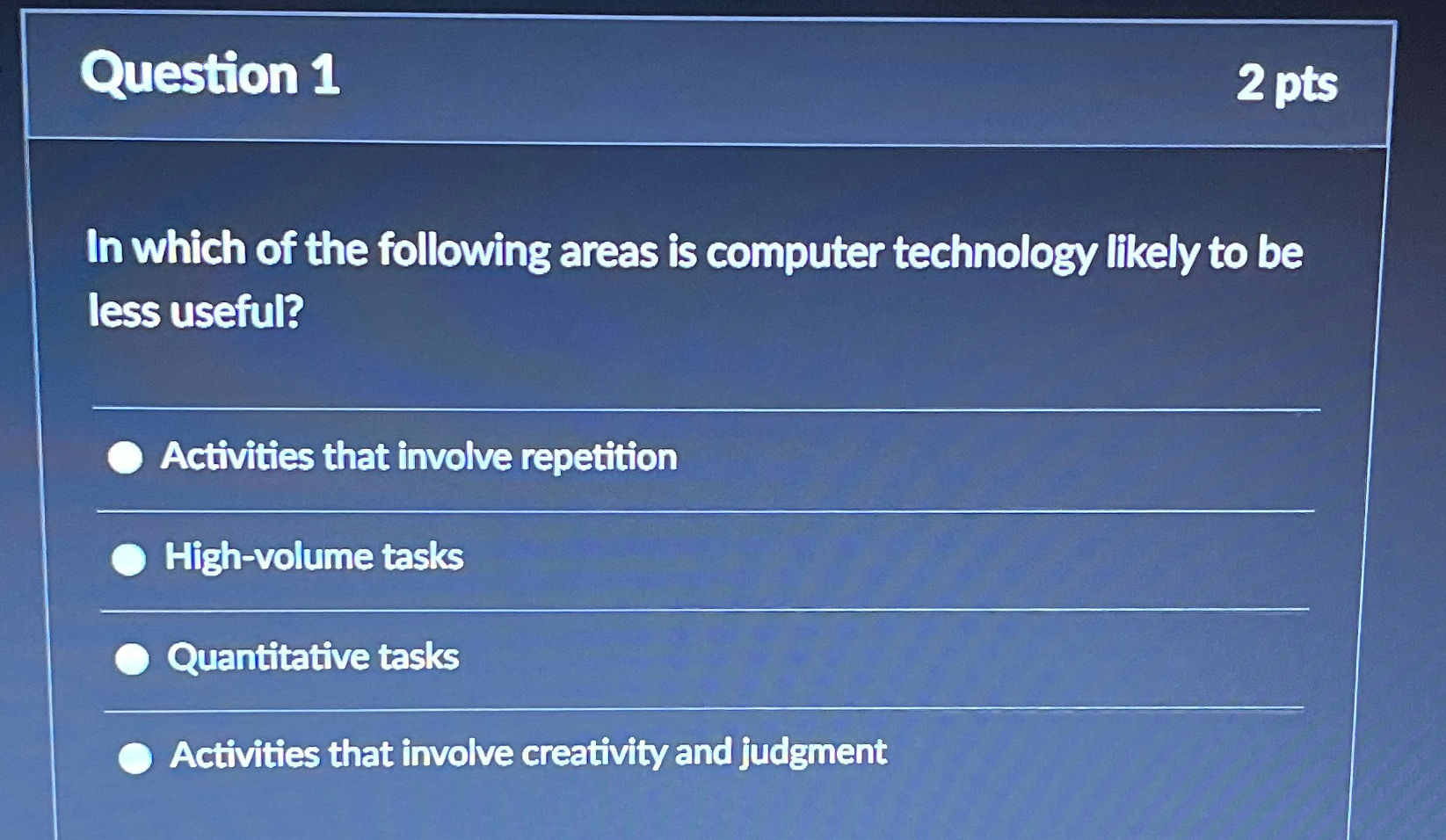 Solved Question 12 ﻿ptsIn which of the following areas is | Chegg.com