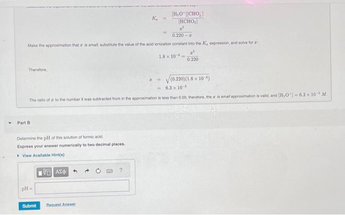 Solved K∗=[HCHO2][H3O+][CHO2]=0.220−xx2 1.8×10−4=0.220x2 | Chegg.com