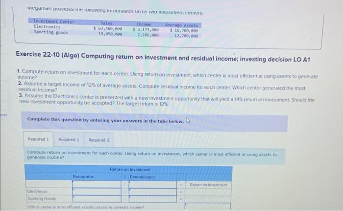 Solved Exercise 22-10 (Algo) Computing return on investment | Chegg.com