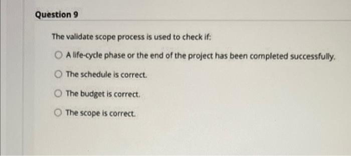 Solved Question 9 The validate scope process is used to | Chegg.com